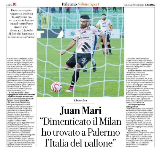 Repubblica: "Juan Mauri «Dimenticato il Milan, ho trovato a Palermo l ...